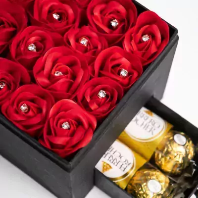 Bright Red Eternal Love Box - 16 Wax Eternal Roses & 6pcs Ferrero ...